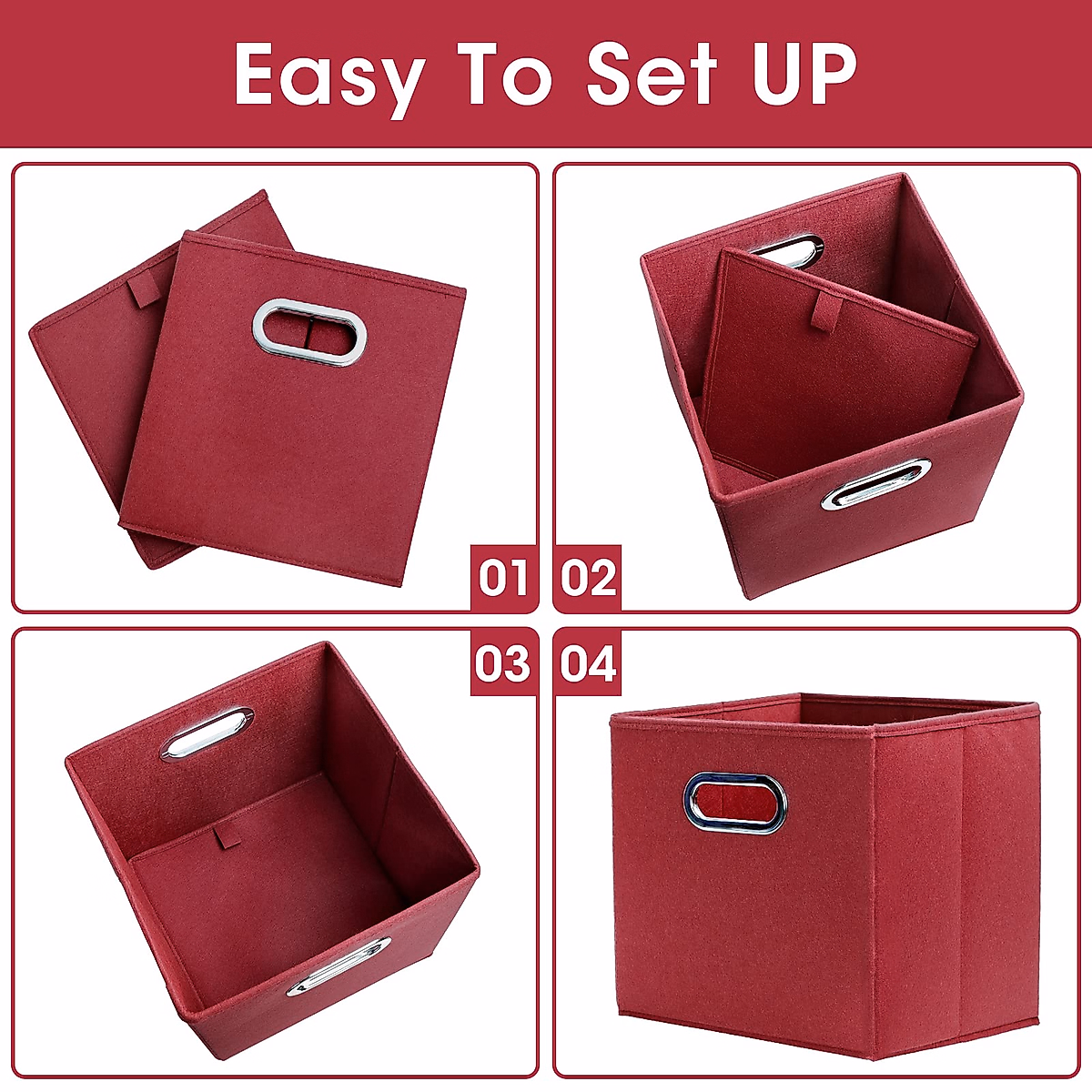 MILILOVE 4Pcs Felt Storage Basket 13x13x13 inch Cube, Fabric Cloth Storage Bin, Collapsible Organizer Basket with Metal Handle for Cloth Toys Underwears Bedroom Playroom Office