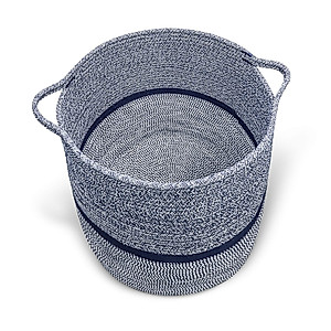 INDRESSME Large Cotton Rope Storage Basket Baby Laundry Basket Woven Baskets Blanket Basket with Handle for Diaper Toy Off White Home Decor 14.2'' x 13.4'' x 16.2'', Navy