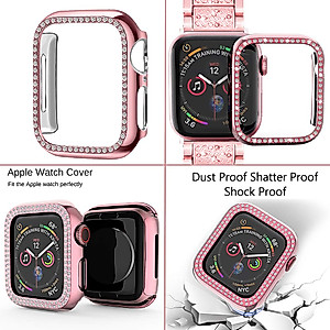 Mosonio Compatible with Apple Watch Band 40mm with Case Women, Jewelry Replacement Metal Wristband Strap with 2 Pack Bling PC Protective Cover for iWatch Series 6/5/4(Pink)