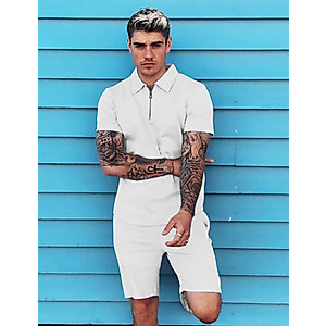 URRU Mens Short Sleeve Casual Polo Shirt and Shorts Sets Two Piece Summer Outfits Tracksuit Set for Men White L