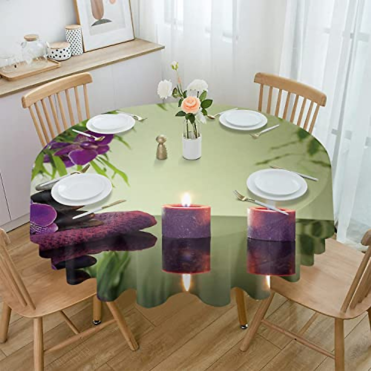 Round Tablecloth 60 Inch Zen Spa Waterproof Oil-Proof Vinyl Table Cloth Butterfly Orchid Zen Basalt Stones Candle Purple Kitchen Spillproof Oilcloths Table Cover for Indoor and Outdoor Use