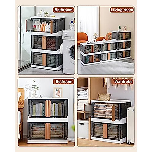 XTACO 3 Pack Stackable Storage Bins with Lids, 8.4 Gal Collapsible Storage Bins, Wardrobe Closet Organizer, Foldable Plastic Storage Container with Door, Crate for Book Storage