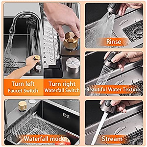Ribanedy 31.5-inch Black-Grey Nano Kitchen Sink 304 Stainless Steel Waterfall Sink Single Bowl Workstation Kitchen Sink With Multifunctional Top Loading Flying Rain pull-out faucet