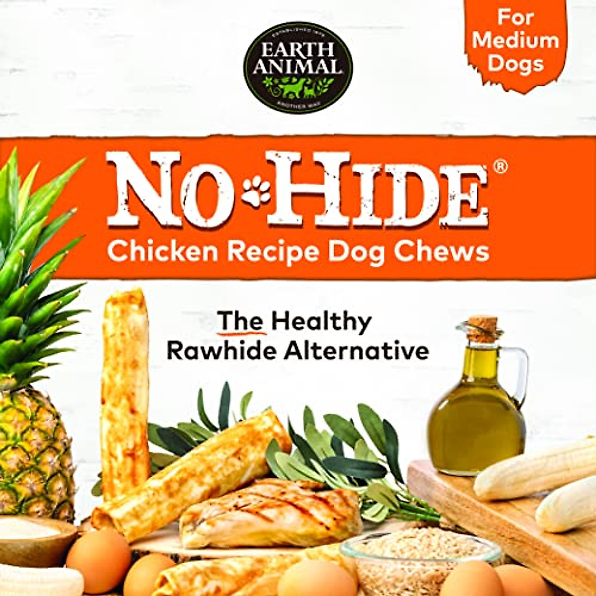 EARTH ANIMAL No Hide Medium Chicken Flavored Natural Rawhide Free Dog Chews Long Lasting Dog Chew Sticks | Dog Treats for Large Dogs | Great Dog Chews for Aggressive Chewers