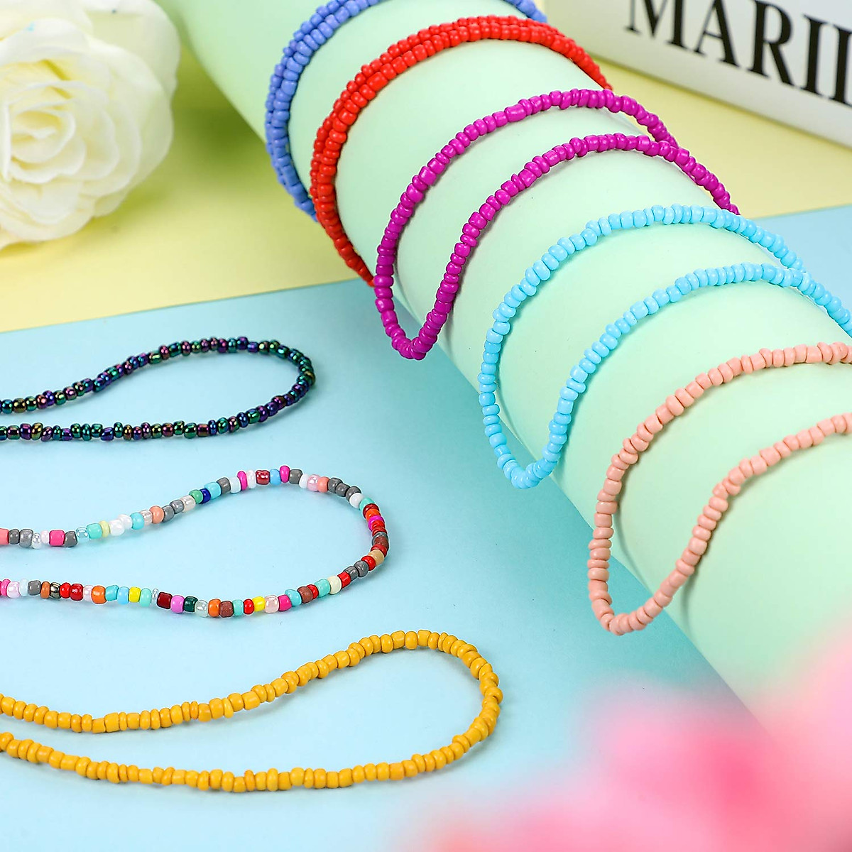 Hicarer 24 Pieces Beaded Choker Boho Seed Bead Necklace Colorful Bead Necklace Bohemian Jewelry for Women