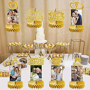 Eucutur 8Pcs Gold Happy Wedding Anniversary Decorations Honeycomb Centerpiece, Gold Glitter Anniversary Photo Table Centerpiece Party Supplies, 25th 30th 40th 50th 60th Gold Anniversary Table Topper