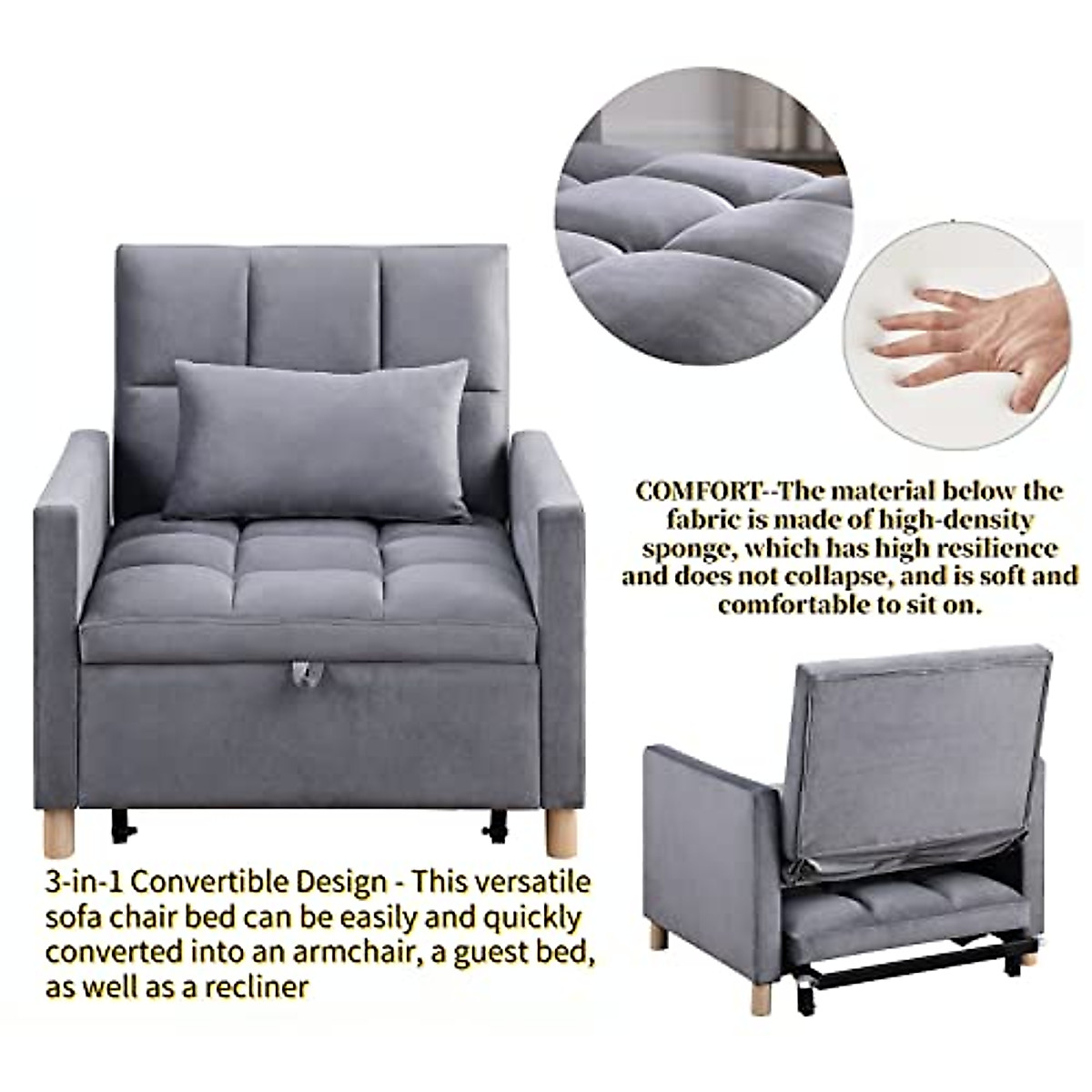 LKTART Sofa Bed Convertible Sofa Chair with Pillow Pull-Out Sofa Bed Velvet Folding Footstool Guest Bed Suitable for Bedroom, Living Room, Apartment