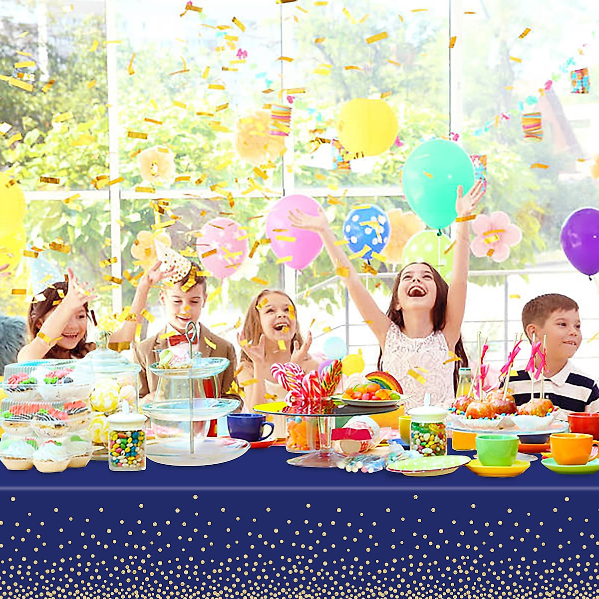 12 Pcs Navy Blue Plastic Tablecloth Gold Dot Blue Table Cloth, 54×108 inches Disposable Gold Dot Confetti Dark Blue Table Cover for Anniversary, Friendsgiving, Fine Dining, Graduation Party Decoration