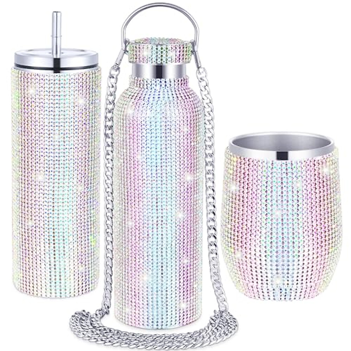 Rtteri 3 Pcs Rhinestone Water Bottle AB Color Diamond Glitter Tumbler Insulated Bling Tumbler with Chain Bling Cup with Lids Stainless Steel Rhinestone Tumbler Diamond Thermal Mug Set for Women Girl