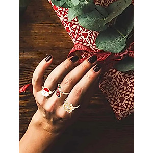 Frodete 9 Pcs Christmas Rings for Women,Rhinestone Christmas Ring Set Gold Santa Claus Bow Snowflake Reindeer Rings for Girls