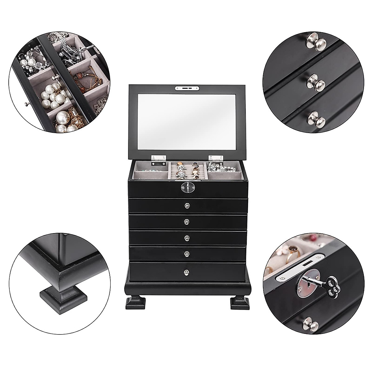 Owl's-Yard Makeup Storage Organizer with 5 Drawers Jewelry Cabinet, wood Household Multi-Layer Jewelry Skin Care Cosmetic Box Storage Rack for Necklace Earrings, Black