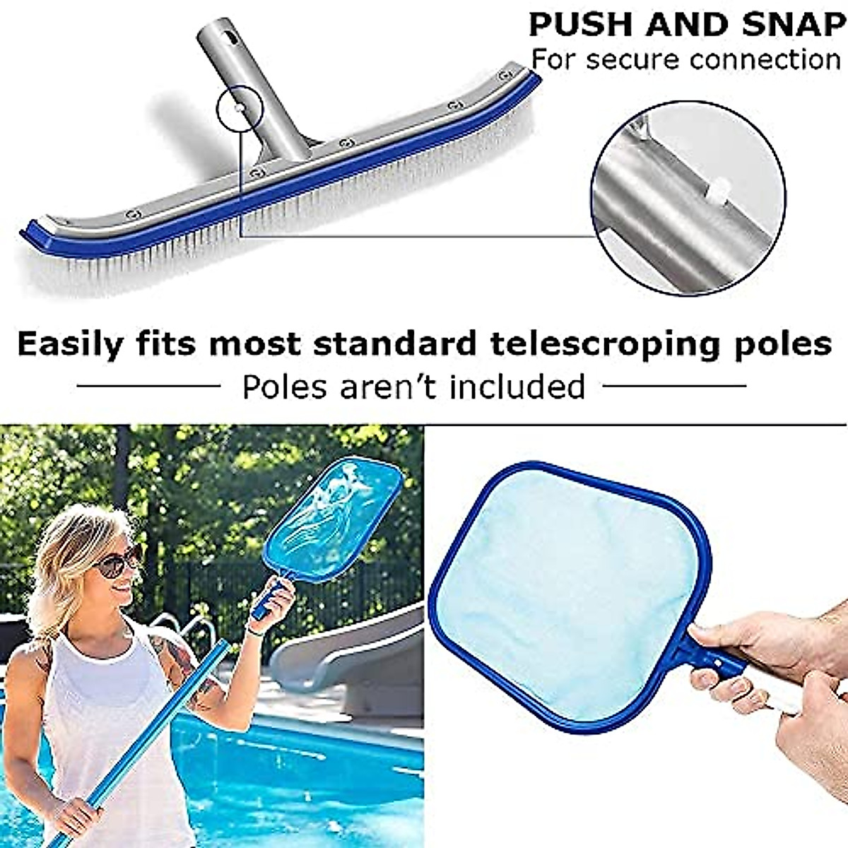 Swimming Pool Brush with Pool Skimmer Net Kit,17.5" Aluminum Pool Cleaning Brush with Nylon Pool Bristles, Heavy Duty Pool Fine Mesh Frame Net, Pool Cleaner Supplies(Pole not Included)