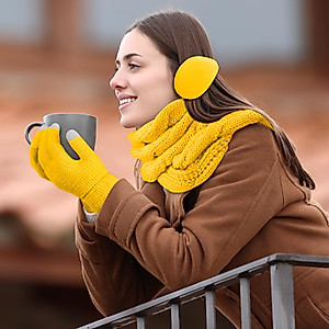 URATOT Winter Warm Sets Knitted Scarf Beanie Pompom Hat Touch Screen Gloves and Winter Ear Warmer Set for Men or Women