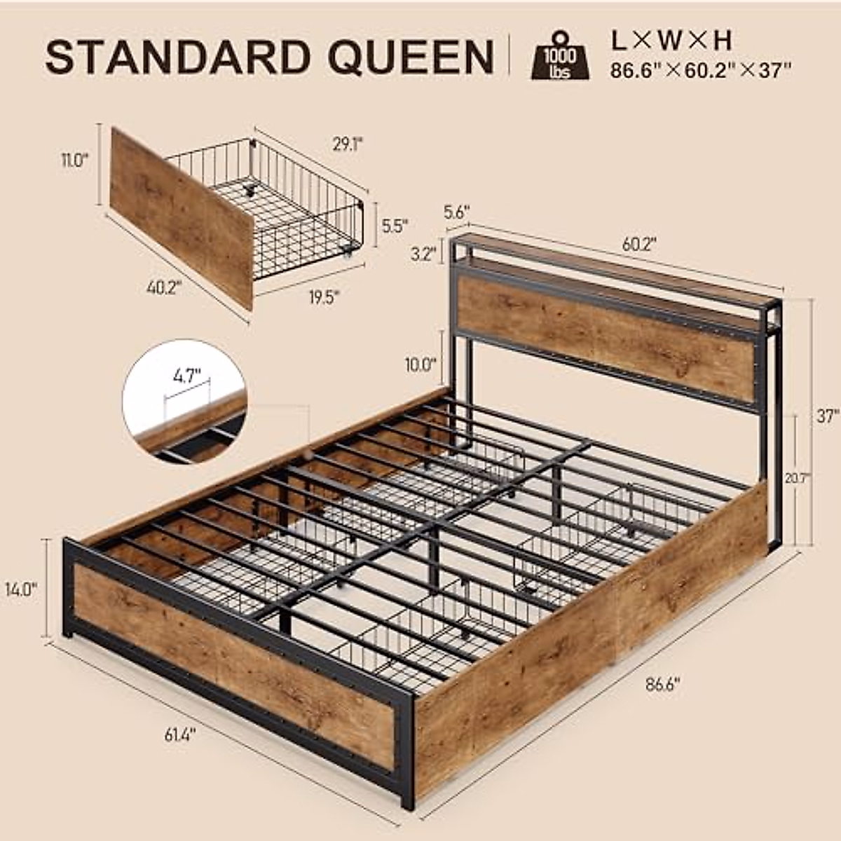 Gizoon Queen Bed Frame with Storage Headboard, 15 Iron Slats, Solid and Stable, Large Underbed Storage, No Box Spring Needed, Easy Assembly