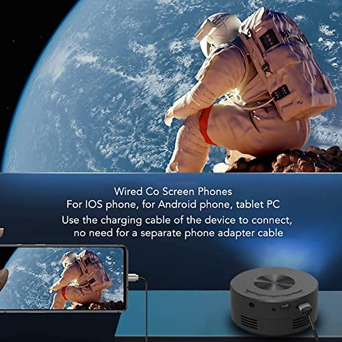 Portable Projector, Same Screen Function TFT LCD 1080P HD Diffuse Reflection Imaging Eye Protection Mini Projector Mobile Power Projection Built in Speaker Video Projector for Home Outdoor