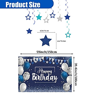 Blue Happy Birthday Decorations, 41 Pack Happy Birthday Banner, Balloons, Backdrop, Hanging Swirl, Honeycomb Ball and Circle Dot Garland Supplies for Birthday Party