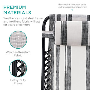 Best Choice Products Set of 2 Adjustable Steel Mesh Zero Gravity Lounge Chair Recliners w/Pillows and Cup Holder Trays - Gray Stripes