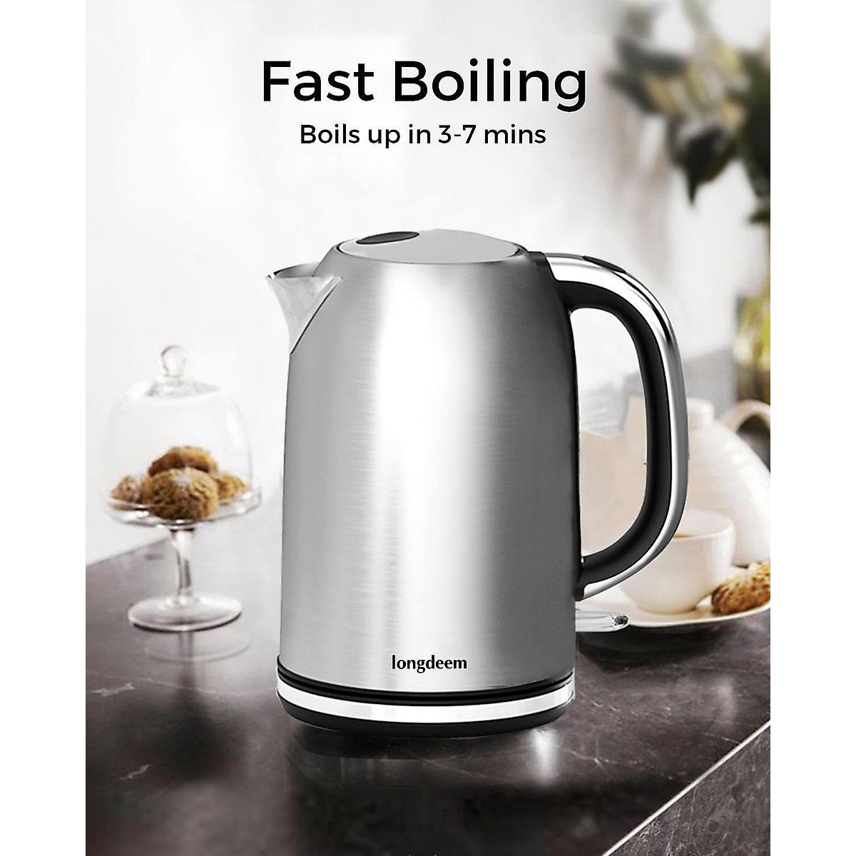 Longdeem Fast-Boil Electric Tea Kettle, 1.7L Stainless-Steel Water Heater, 1500W, Cordless Design with LED, Auto-Shutoff & Anti-Dry Protection, Silver
