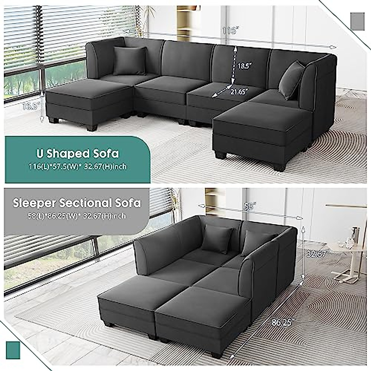 Shintenchi Reversible Modular Sectional Sofa Couch,116" Velvet U-Shaped Sectional Couch Sofa with Ottomans, 6 Pieces Modular Large Sectional Sofa Set for Living Room,Dark Gery