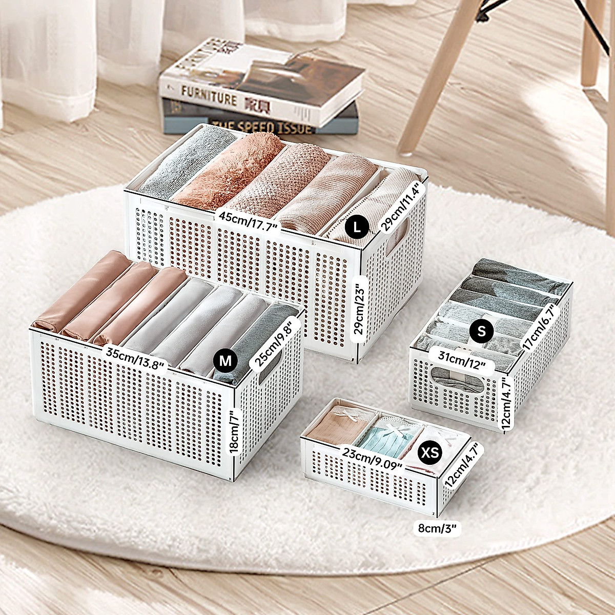 UNZIPE 2 Pack Plastic Closet Storage Bins with Handle, Portable Collapsible Clothes Organizer Containers for Closet Shelves on Bathroom Bedroom Pantry Organization, Medium 2 Pack