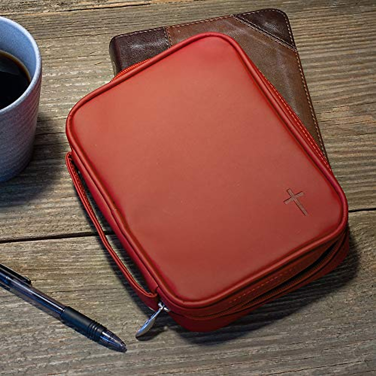 Matte Red Stitched Cross 8 x 6 Fabric Zippered Bible Cover Case with Handle, Compact