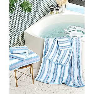 Jacquotha 6 Piece Soft and Absorbent Bathroom Towel Set, 2 Bath Towels, 2 Hand Towels, 2 Washcloths, Stripe and Cut Velvet Design, Cotton Lightweight Thin Towel Sky Blue
