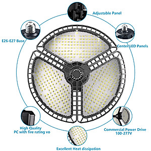 Lightdot E26 LED Garage Low Bay Lights, Large Area Global Lighting, Deformable 3 Panels 100W 18000LM E26/E27 Triple Glow, 5000K LED High Bay Shop Light for Basement Workshop Warehouse-2PACK