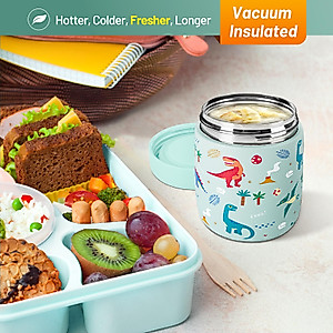 Charcy 9oz Stainless Steel Vacuum Insulated Kids Food Jar - Soup Thermo for Hot & Cold Food - Turquoise Dinosaur