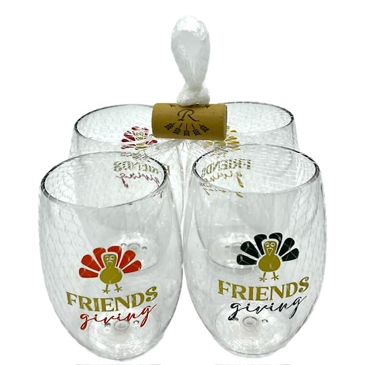 Set of 4 HOLIDAY DESIGN Shatterproof 16 oz Plastic Stemless Wine Glasses (FRIENDSGIVING)