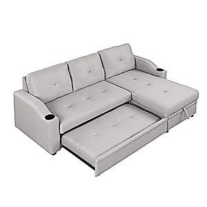 UBGO Modular, L-Shaped Living Room Furniture Sets,Pull Modern Padded Upholstered Sofa Bed, Linen Fabric 3 Seater Storage Chaise and Cup Holder, Couch for Small Spaces,Gray