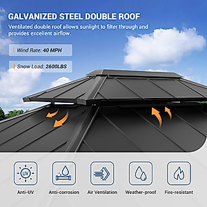 Amopatio 12' X 14' Hardtop Gazebo Permanent Aluminum Gazebos with Galvanized Steel Double Roof for Patio Lawn and Garden，with Curtains & Mosquito Netting