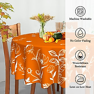 KORVITA Fall Round Tablecloth 60 Inch Thanksgiving Autumn Harvest Orange Wild Flowers Table Washable Microfiber Tablecloth Decorative Table Covers for Picnic Party