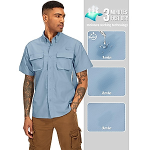 mosingle Men's Fishing Shirts with Zipper Pockets UPF50 Sun Protection Safari Cool Short Sleeve Button Down Shirts Hiking(5018,Blue-L)
