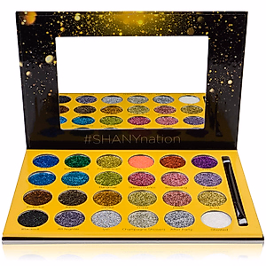 SHANY RSVParty Makeup Glitter Eyeshadow Palette - 24 Long-Lasting Pressed Glitter Pigments for Face and Body - Ultra Pigmented Glitter Makeup set with a Makeup Brush. Full Size Eyeshadow Pan.