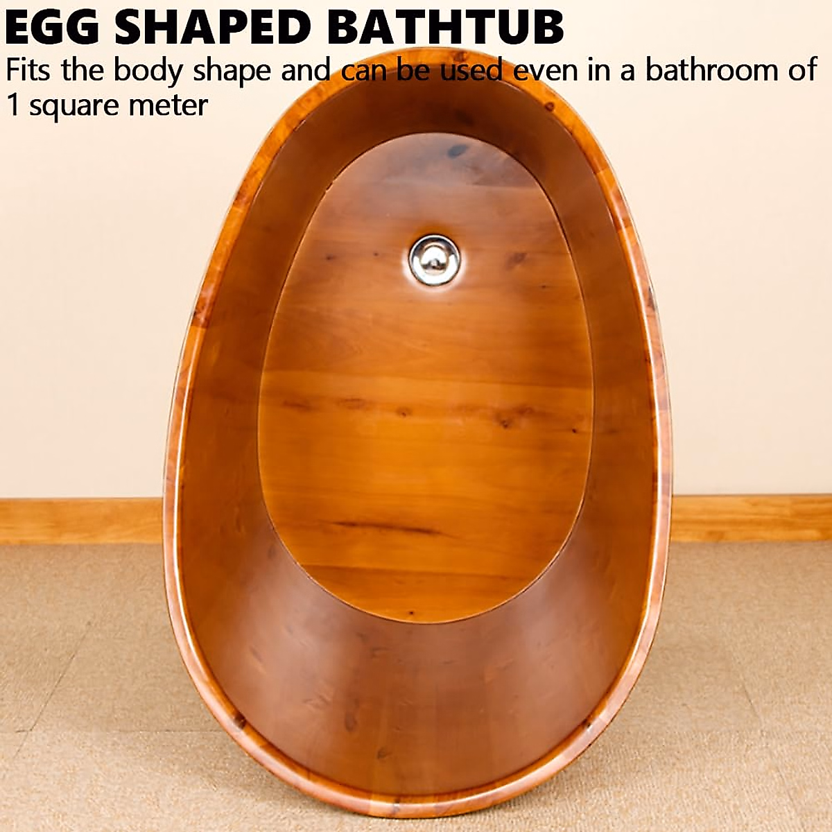 MegLob Mobile Free Standing Wooden Bathtub with Insulation Lid, Solid Wood Deep Soaking Tub with Bathtub Stool, Compact Soaker Lit for Small Bathroom with Pop-Up Drain Valve & Drain Hose,Light