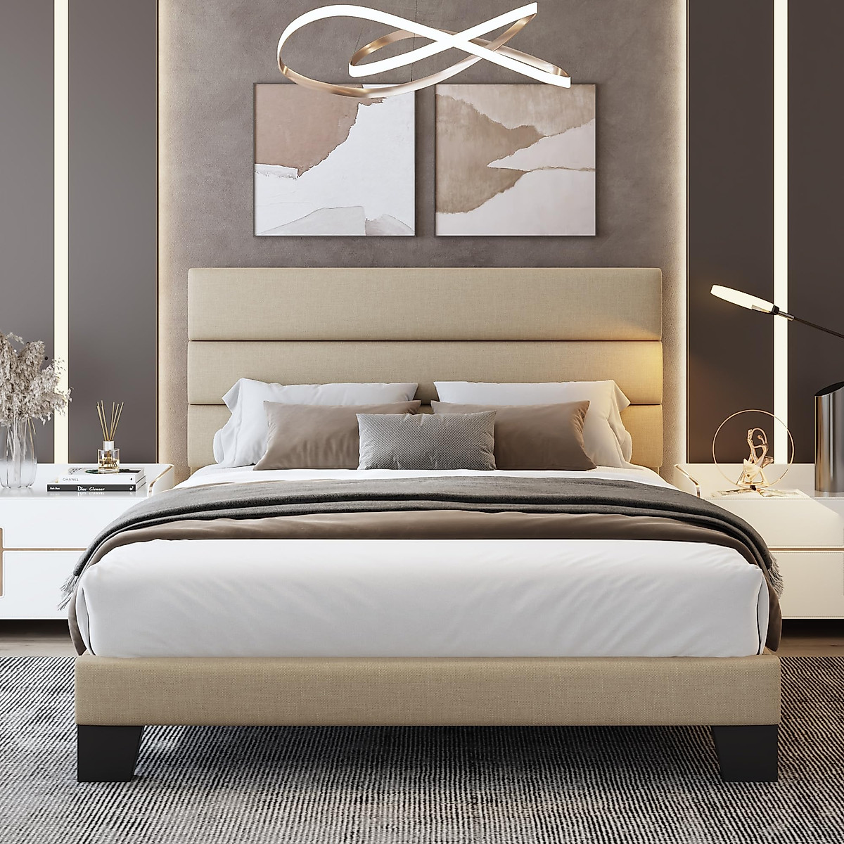 WEEWAY Queen Bed Frame Platform Bed with Linen Fabric Upholstered Headboard and Wooden Slats Support, Heavy Duty Mattress Foundation, No Box Spring Needed, Easy Assembly, Beige