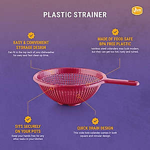 YBM Home 8.5 Inch Deep Plastic Strainer Colander with Long Handle – Made of Food Safe BPA-Free Plastic - Durable and Dishwasher Safe - Use for Pasta, Noodles, Spaghetti, Vegetables and More (1, White)