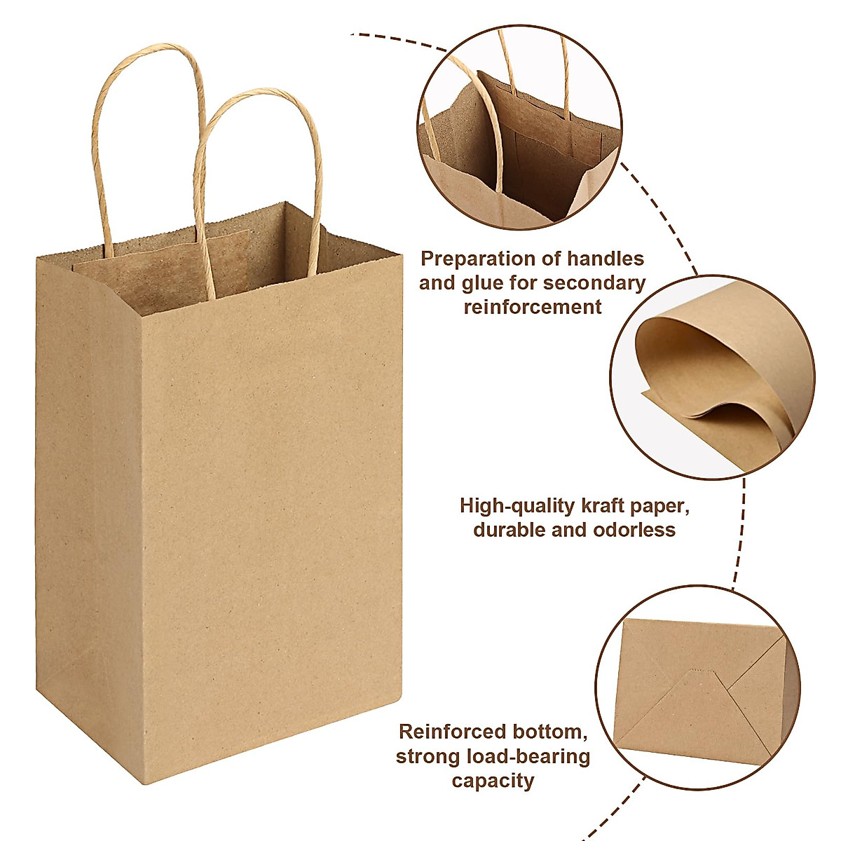 Moretoes 50pcs Paper Bags with Handles, 5.25x3.2x8 Inches Kraft Small Gift Bags, Wrapping Gift Paper, Small Paper Bags, Party Favor Bags for Birthday Wedding, Brown