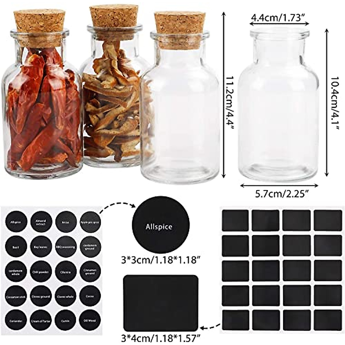 CUCUMI 24pcs 5oz Glass Jars with Cork Small Empty Glass Spice Bottles with Lids, 120pcs Waterproof Preprinted Stickers, Chalk Marker, 1pcs Test Tube Brush for Storing Tea Herbs and Spices DIY