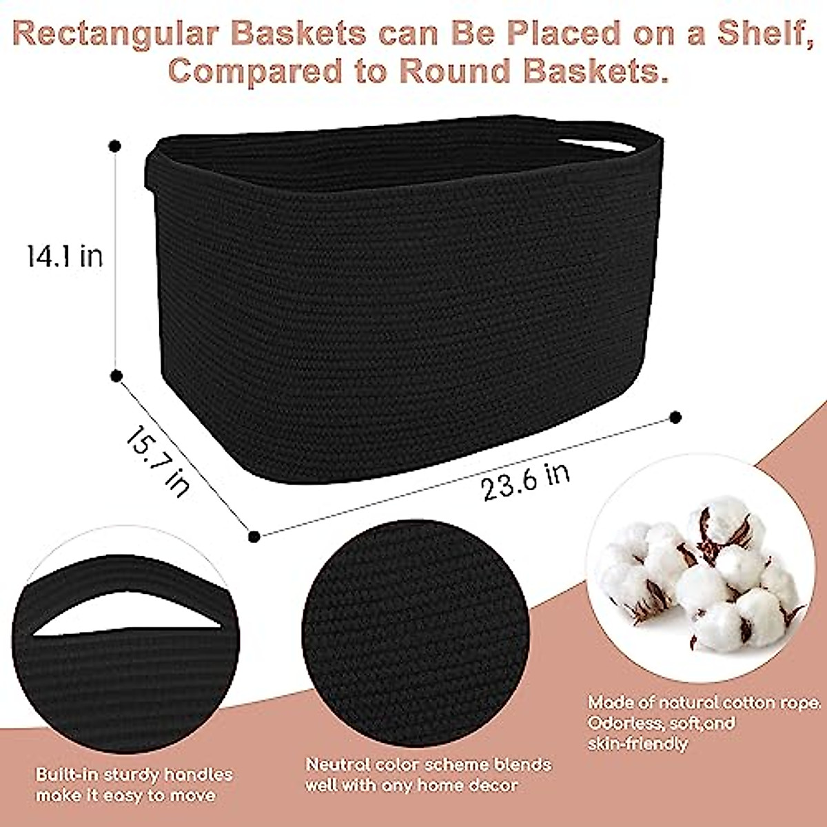 MEGASKET Extra Large Rectangle Storage Basket, 23.6" x 15.7" x 14.1" Black Blanket Basket Storage for Living Room, Large Soft Woven Cotton Rope Basket, Kids Toy Baskets Organizer Bins, Wicker Basket