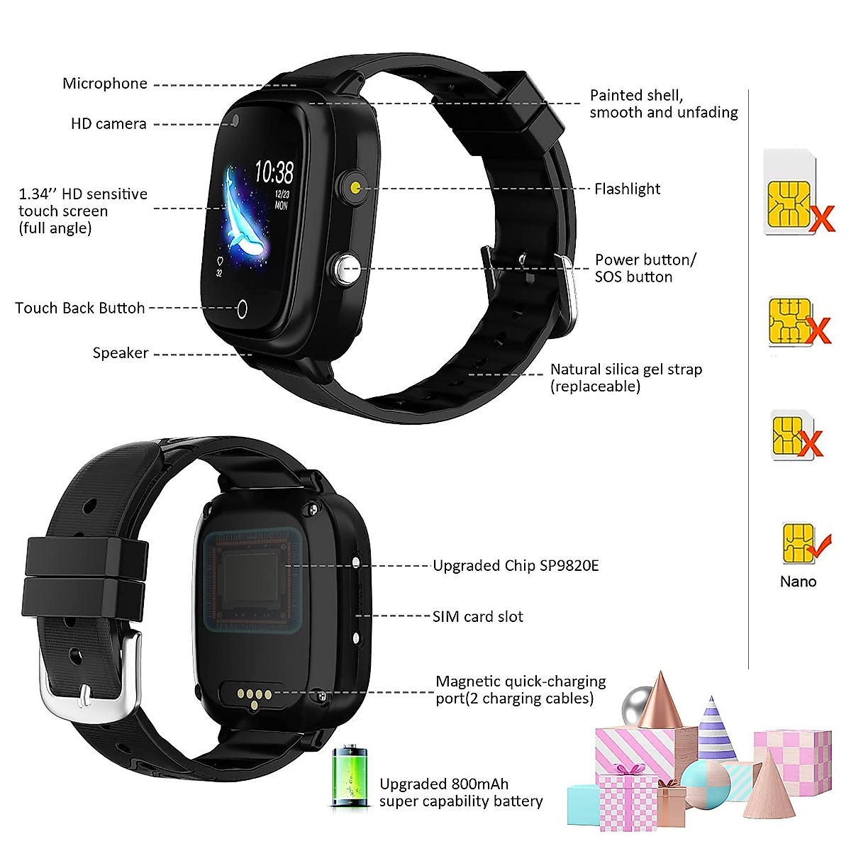 OKYUK 4G GPS Smartwatch for Girls Boys, IP67 Waterproof Sport Smart Watch Phone for Kids, with Camera WiFi Video Call Phone Call SOS Pedometer for 3-14 Age