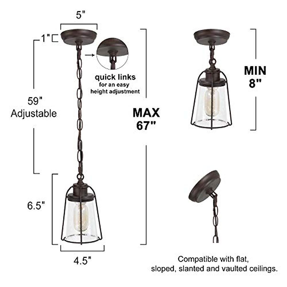 KSANA Farmhouse Pendant Lighting, Mini Rustic Hanging Light Fixture with Seeded Glass Shade for Kitchen Island, Foyer, Hallway, Bedroom and Entryway, Bronze