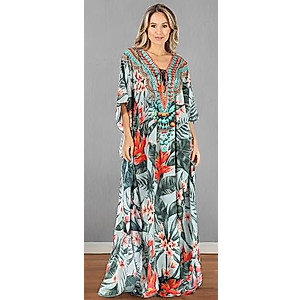 Sakkas AH62 - Milanna Women's V Neck Short Sleeve Vibrant Print Caftan Dress Cover-up - Print-1 - OS