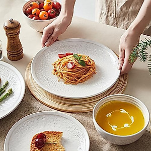 Pokini Ceramic Dinnerware Sets, Beige Relief Plates and Bowls Sets, 12 Pieces Stoneware Dinnerware Set Service for 4, Vintage Look Kitchen Dish Set, Handmade Highly Chip and Crack Resistant Dishes