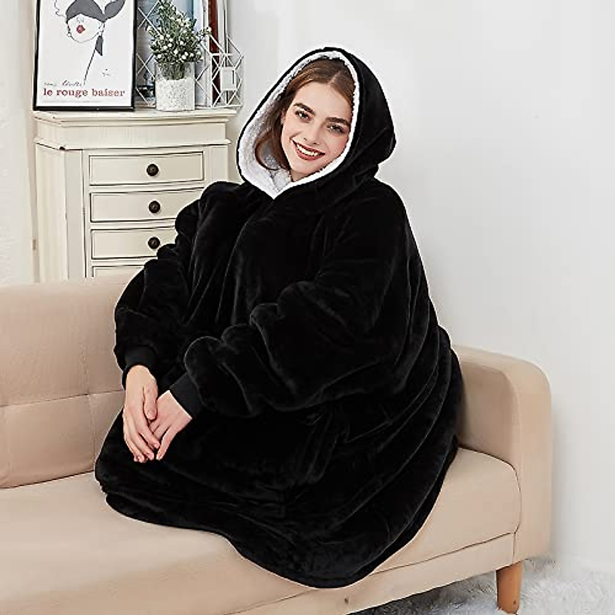 Electric Heated Wearable Blanket Hoodie, Oversized Blanket Sweatshirt for Women/Men Without Battery and Adapter (Black)