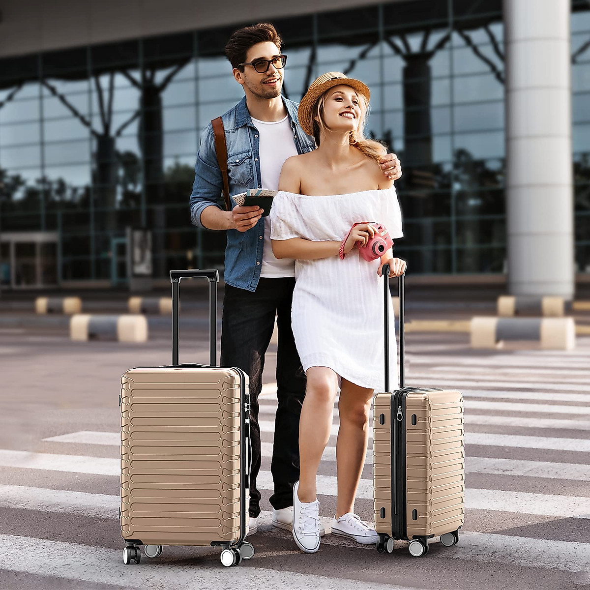 SHOWKOO Luggage Sets Clearance ABS Hardshell 3pcs Luggage Hardside Lightweight Durable Suitcase sets Spinner Wheels Suitcase with TSA Lock (Champage)