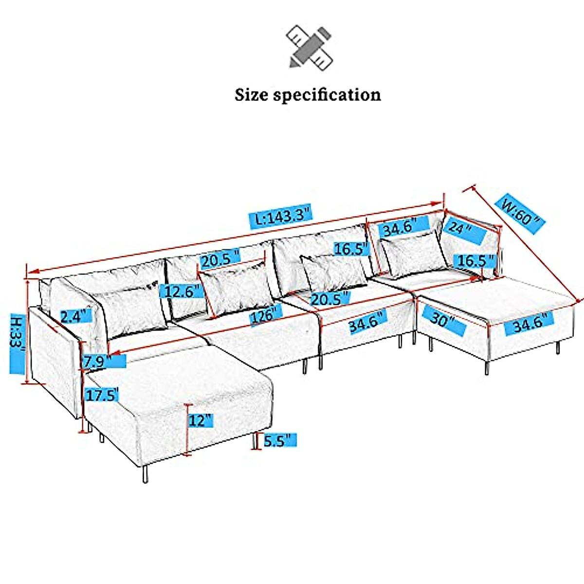 Hommoo Modern Reversible Sectional Sofa Couch for Living Room U Shaped Sectional with 2 Ottomans Comfy Linen Fabric 4 Seat Sofa with Metal Legs Large Modular Sofa Couch with Pillows 143" Blue