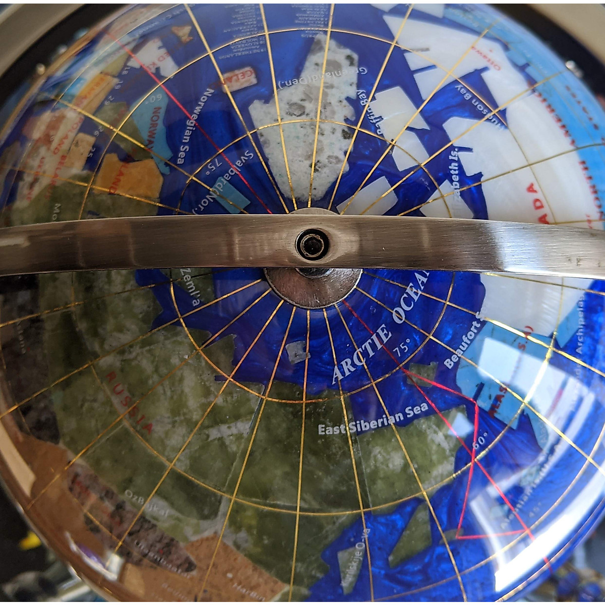 Limited Edition! Unique Art Since 1996 Blue Pearl Swirl Table Top Gemstone World Globe with Silver Zinc Alloy Stand (220MM/9 INCHES 4 LEG/BLUE PEARL OCEAN)