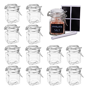 Oak & Steel 12 Pack 3.4oz Small Airtight Glass Spice Jars with Lids & Clip Top, 24 Labels & Chalk Pen - Square Bottles, Herb Jars, Mason Jars, Seasoning Containers