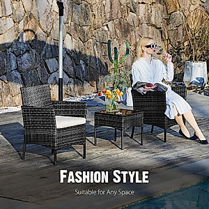 Sweetcripy Patio Furniture Set 3 Pieces, Outdoor Furniture with Soft Cushion and Glass Table, All Weather Manual Weaving Wicker Rattan Patio Chairs for Garden, Terrace, Porch(Black and Beige)